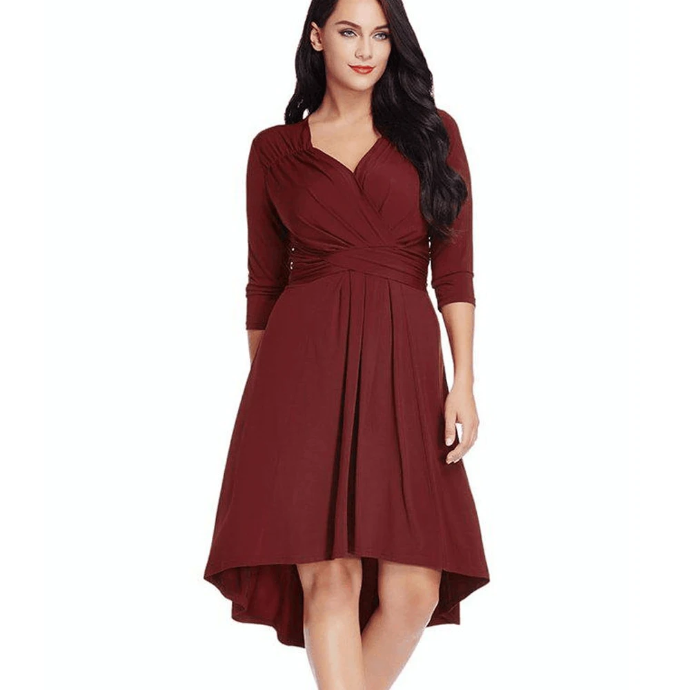 Wipalo Plus Size High Waist Sexy V Neck Dress Women Dresses 34 Sleeve Cross Club Solid A Line