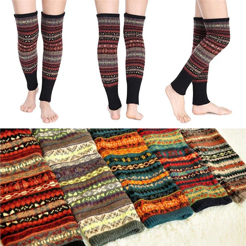 Leg Warmers Women Girl Over The Knee Long Striped Knit Winter Warm Soft
