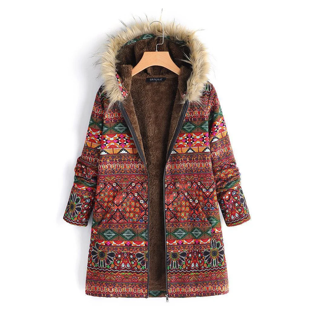 Women Casual Ladies Long Coats Parkas Winter Retro Printed Fleece Coat ...