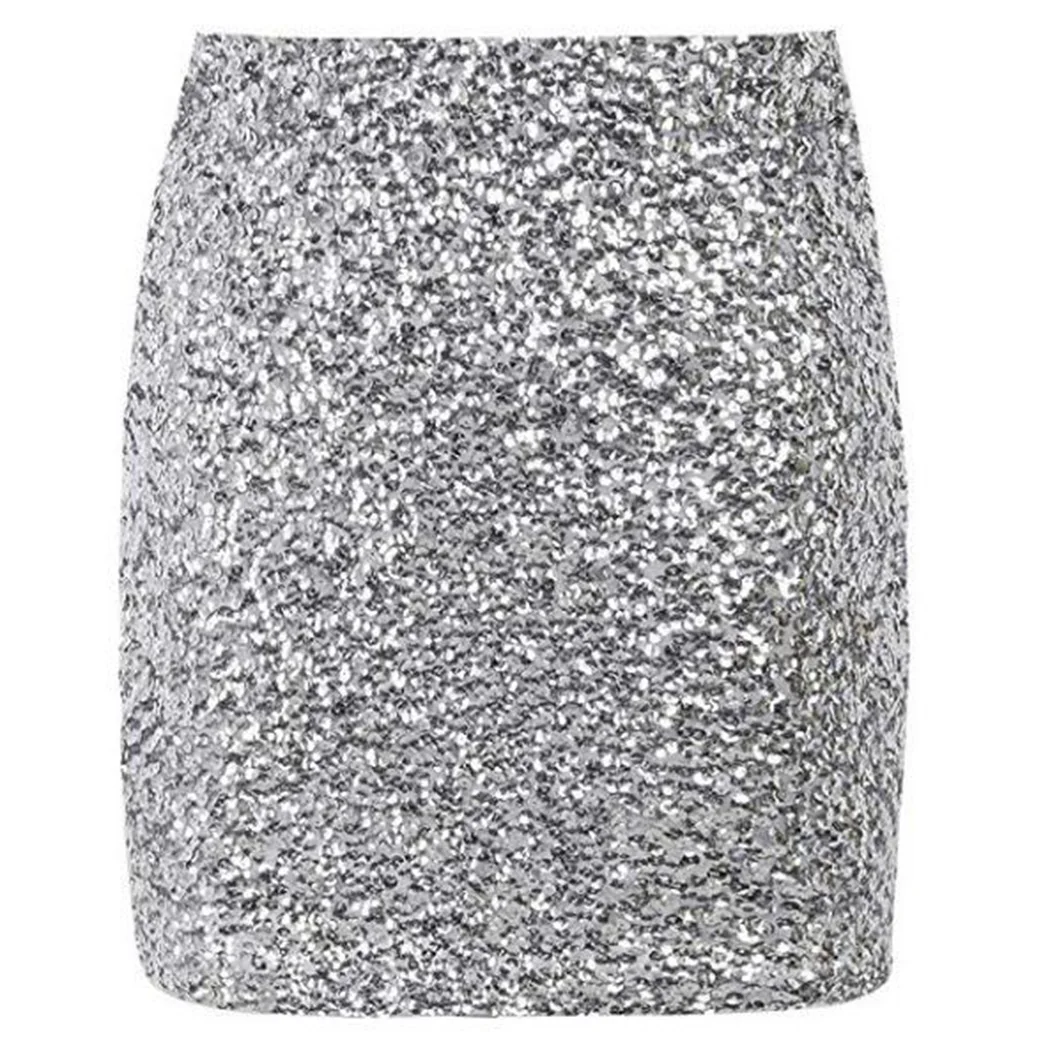 Women Reflective Shiny Sequined Skirt Sexy High Waist Glitter Silver Gold Pencil Skirts Bodycon ...