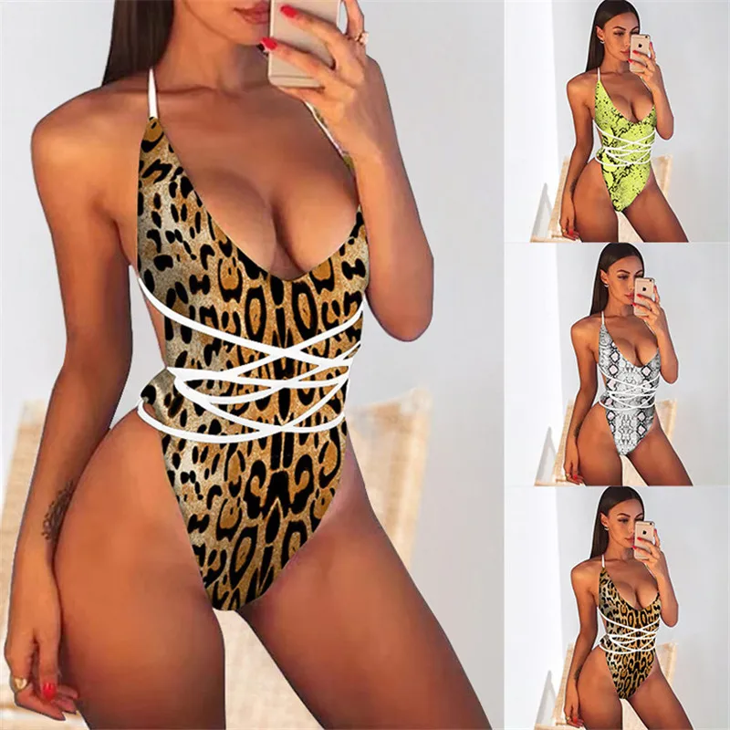 Sexy Women Swimming Costume Leopard One Piece Bandage Swimsuit Monokini