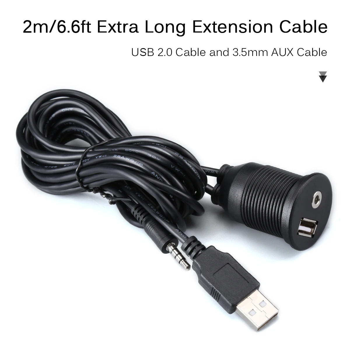 Excelvan USB 2.0 3.5mm AUX Socket Extension Cable 2m/6.6ft Car ...