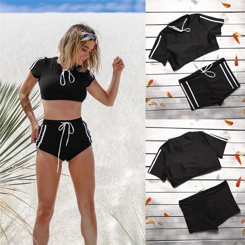 Women Sexy Summer Short Sleeve Stripe Crop Tops Shorts Beach Swimwear