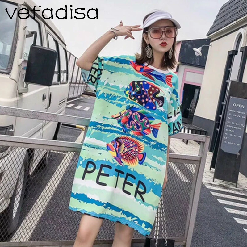 Vefadisa Women Fish Printing Short Sleeve Cotton Dress 2018 Summer ...