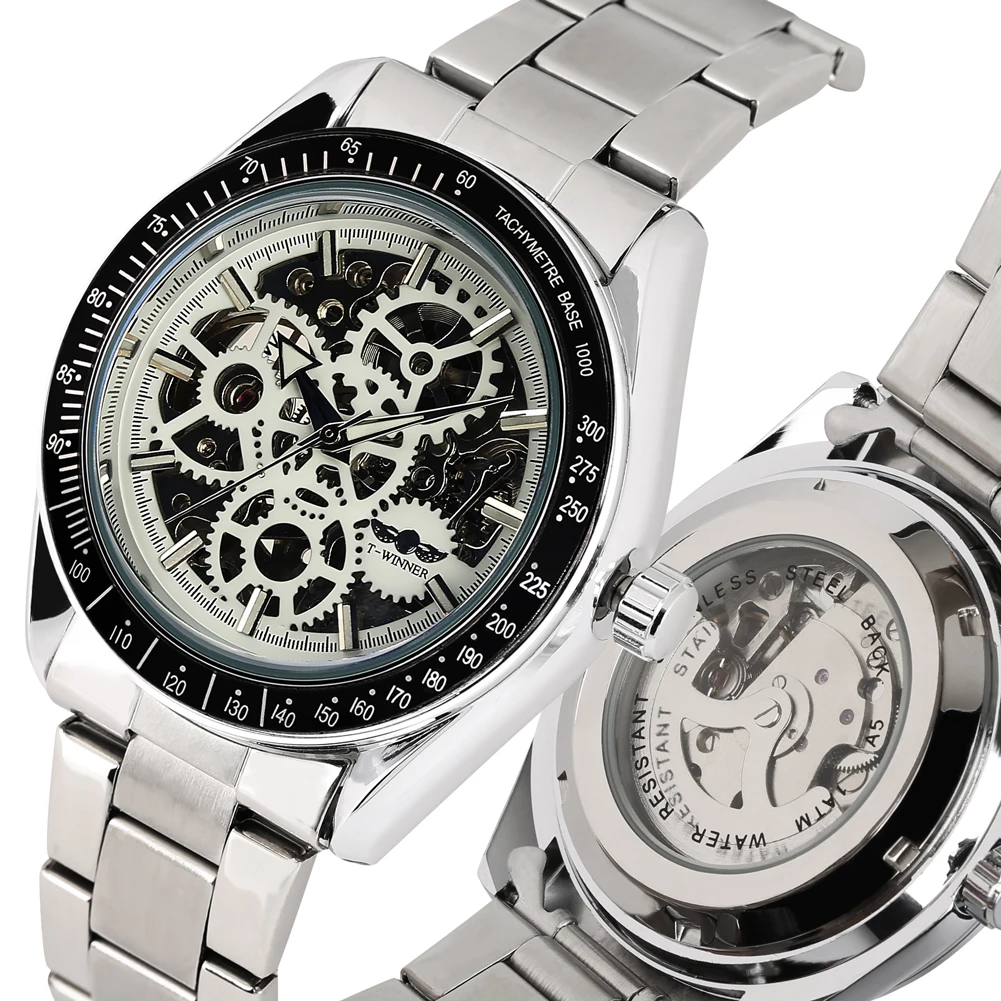 Men Skeleton Mechanical Watch Stainless Steel Band Automatic self ...