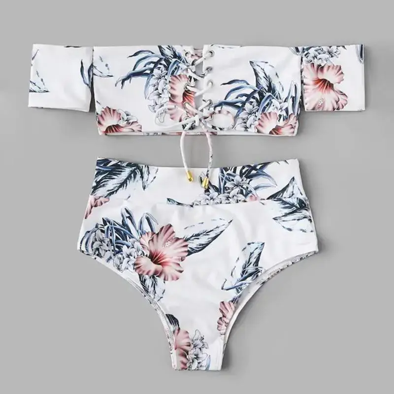 2019 Women Wrap Chest Bikini Set Split Swimsuit Floral Print Bandages ...