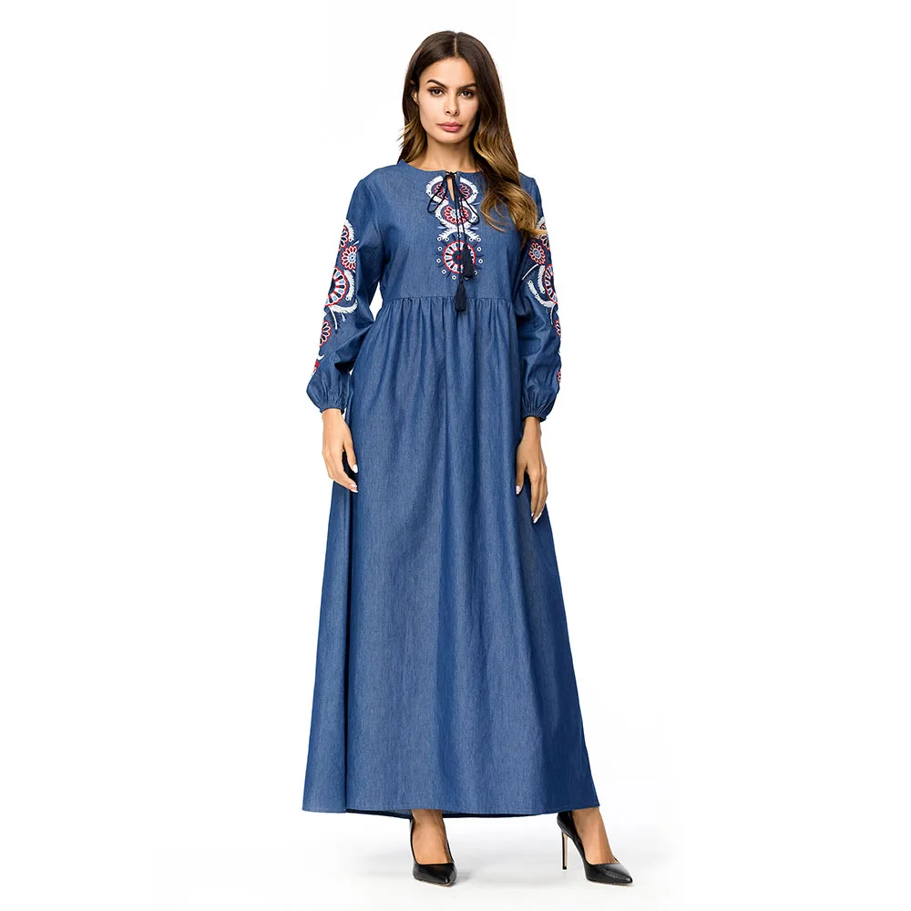 Wipalo Smocking Embroidery Denim Maxi Dress Women Long Sleeve O Neck