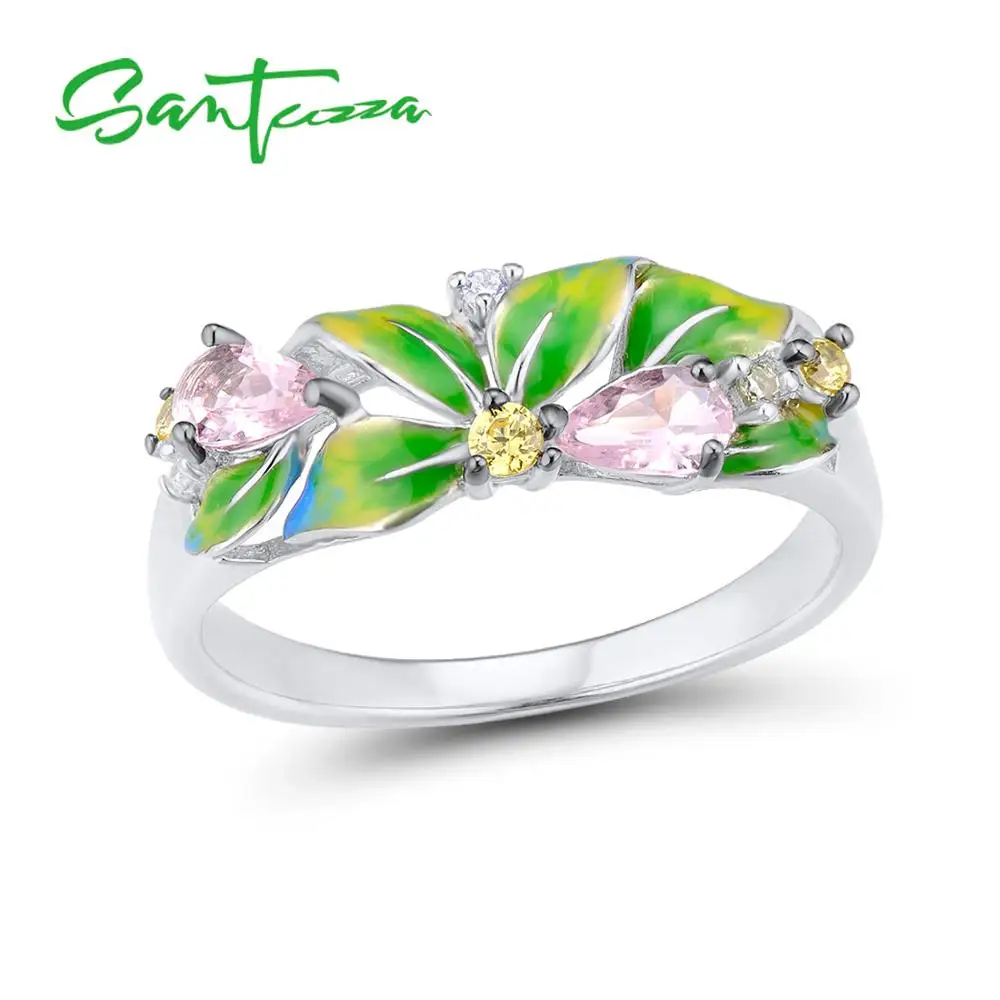 SANTUZZA Silver Ring For Women Pure 925 Sterling Silver Delicate Green Leaves Cubic Zirconia ...