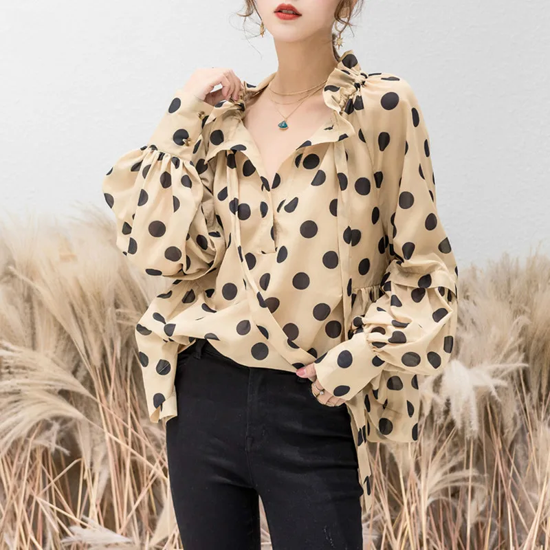 Polka Dot Women Shirt Blouse Ruffle Lace Up Lantern Long Sleeve Blouses