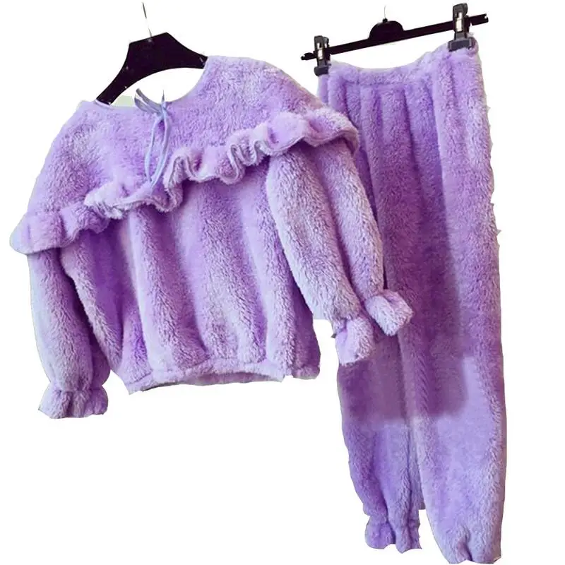 New Feathery Long Sleeved Tops Pants Pajama Set Thickened Korean