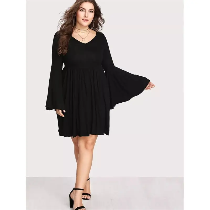 Women Midi Dresses Casual Elegant Black Aline Ol Flare Sleeve High