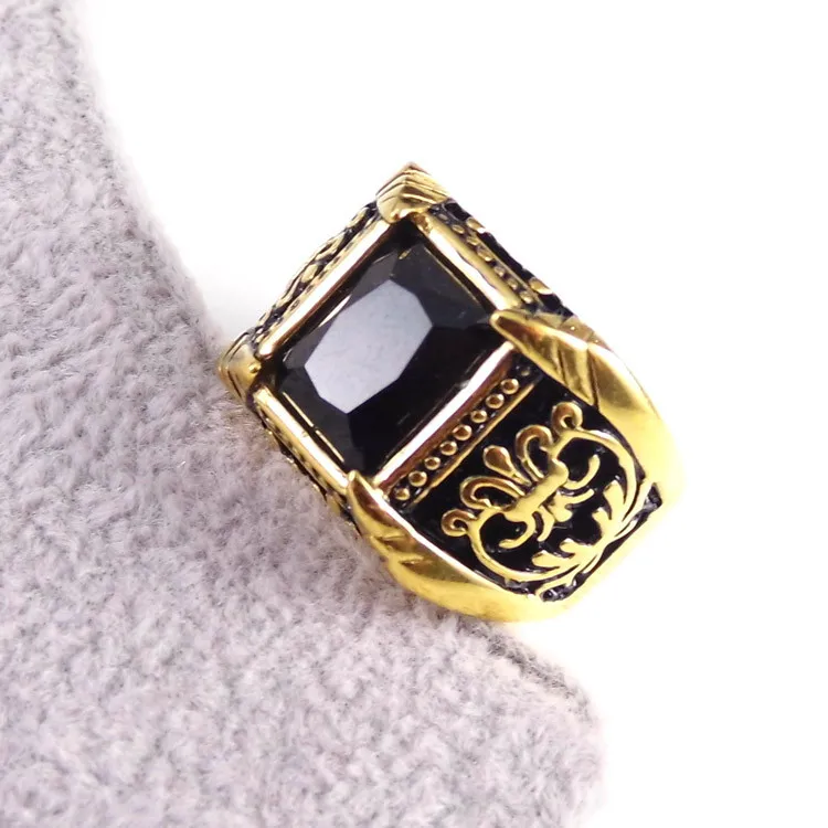 Brand Jewelry Vintage Antique Gold Color Crystal Ring For Men Stainless ...
