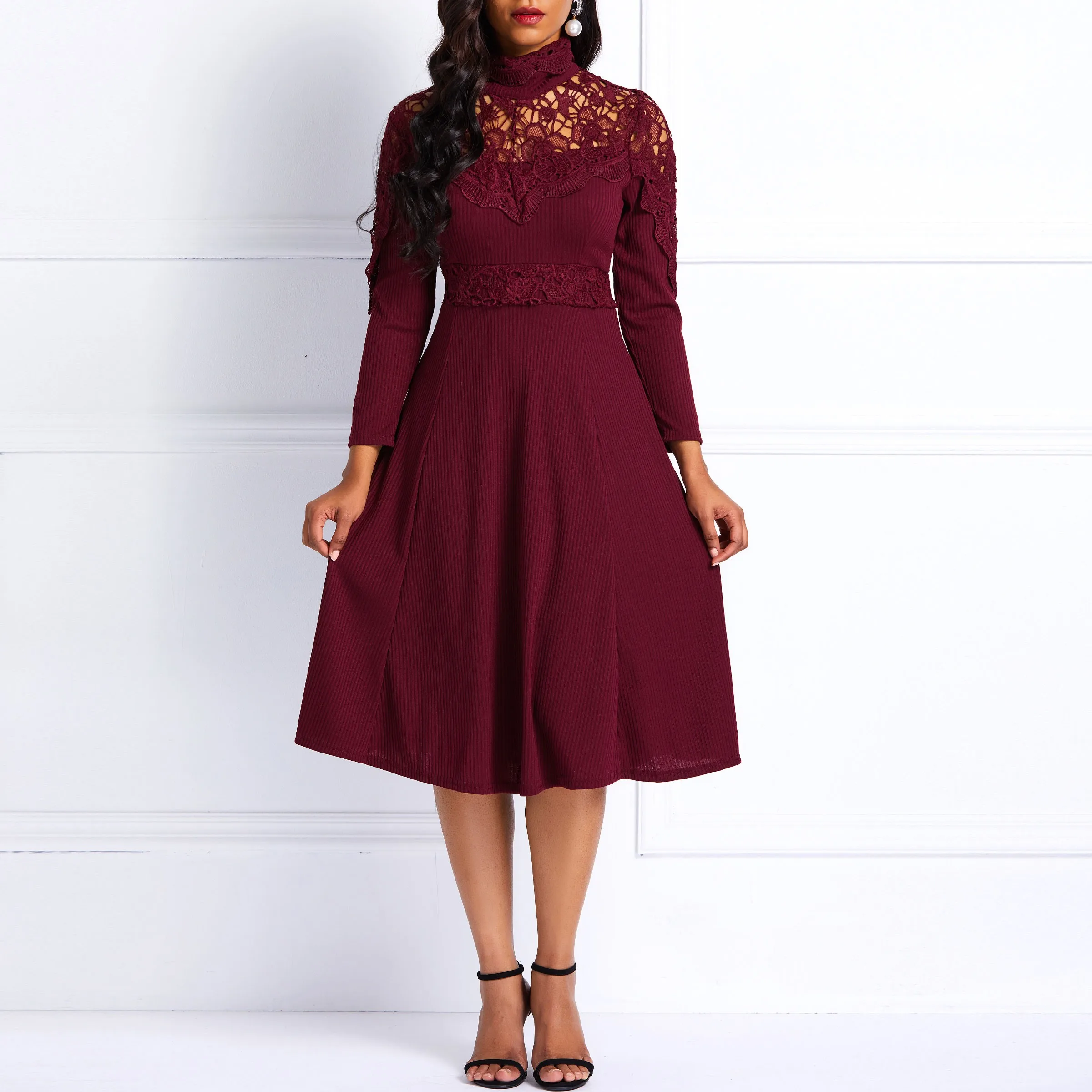 Lace Dress Elegant Women Autumn Winter Turtleneck Stretch Patchwork Hollow Design Party Sexy A