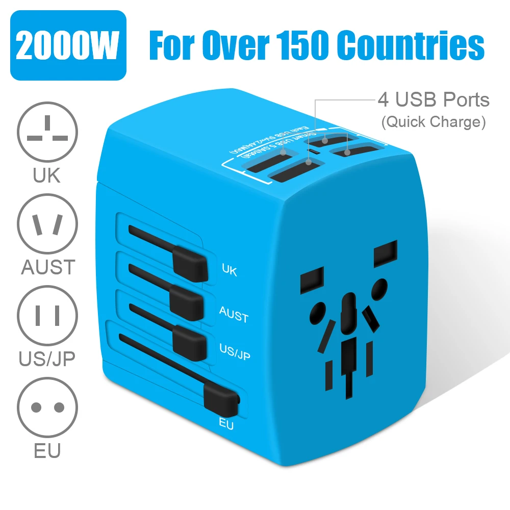 Highever 2000W International Travel Adapter Universal adaptador 4 USB ...