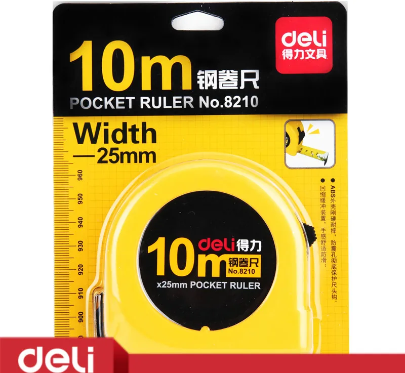 Deli 8210 Rules 10 Meters 25mm Pocket Ruler Anti-wear Steel Tape ...