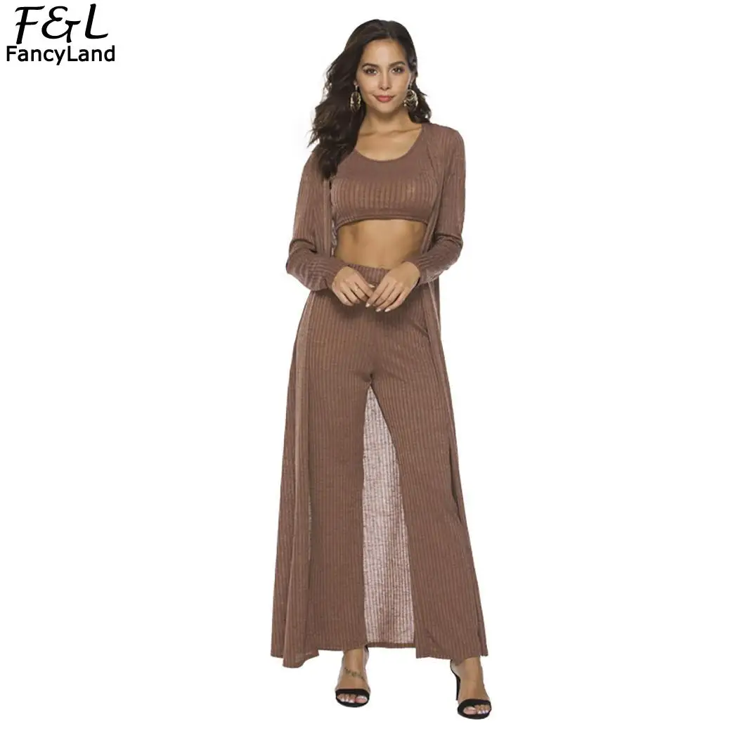 Women-Casual-O-Neck-Long-Sleeve-Open-Front-Bra-Coat-Rib-Pants-Casual ...