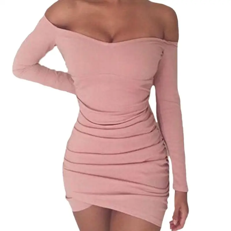Winter Fashion Women Sexy Solid Color Off Shoulder Skinny Short Dress Long Sleeves Package Hip