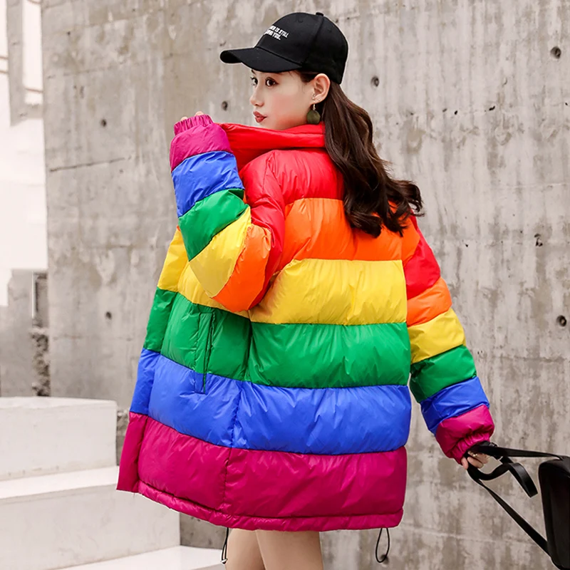 New Spring Autumn Winter Parkas Loose Rainbow Stripe Coat Thick Long ...