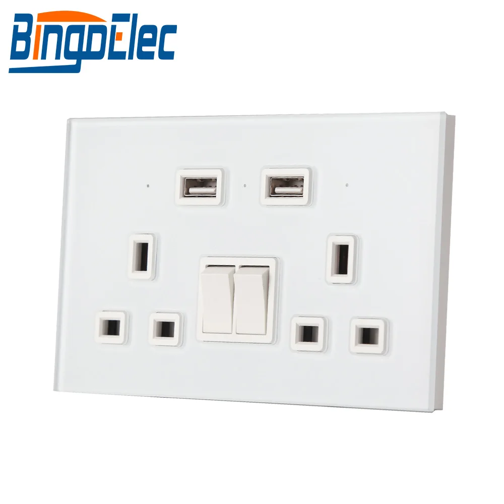 Bingoelec 13A Double Socket Wall Power Glass Panel Socket With 3.1A USB ...