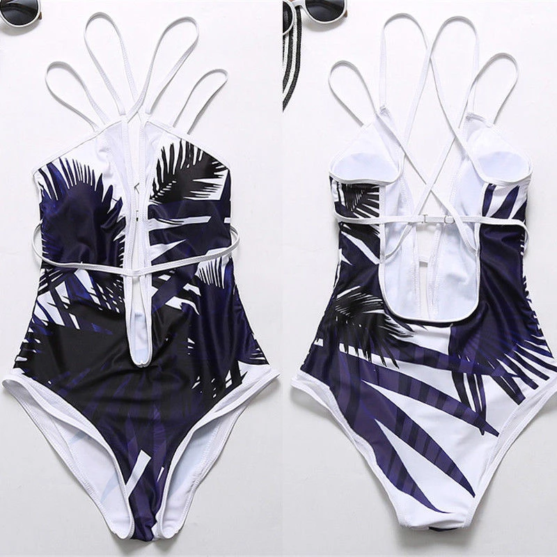 Traje de baño clásico estampado de hojas vendaje de una pieza cuello en V profundo traje de baño ...