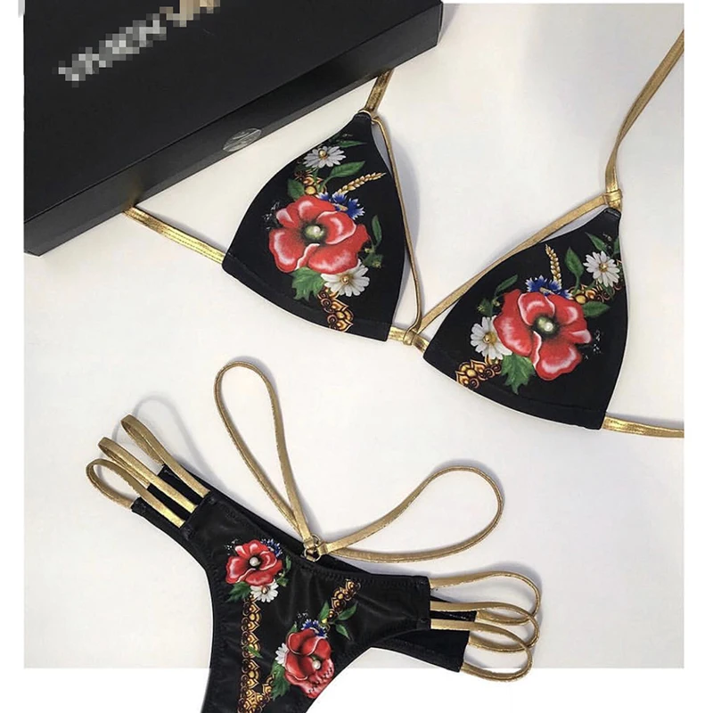 Vintage Floral Printed Bikini Set Women Push Up Biquini Sexy String