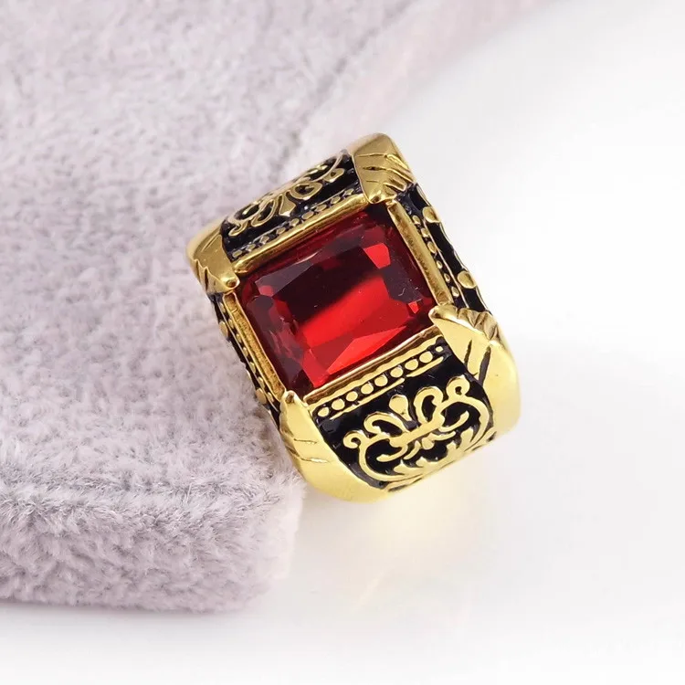 Brand Jewelry Vintage Antique Gold Color Crystal Ring For Men Stainless ...