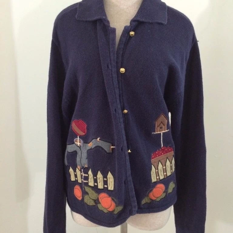 Crystal Kobe cardigan size M medium navy blue sweater fall print ...
