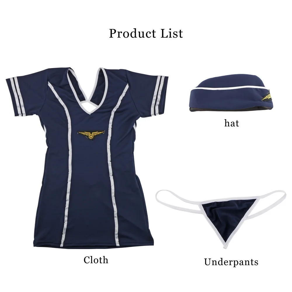 OLO 3 Pieces Hat +Dress+G-String Suit Sexy Stewardess Uniform Role Play ...