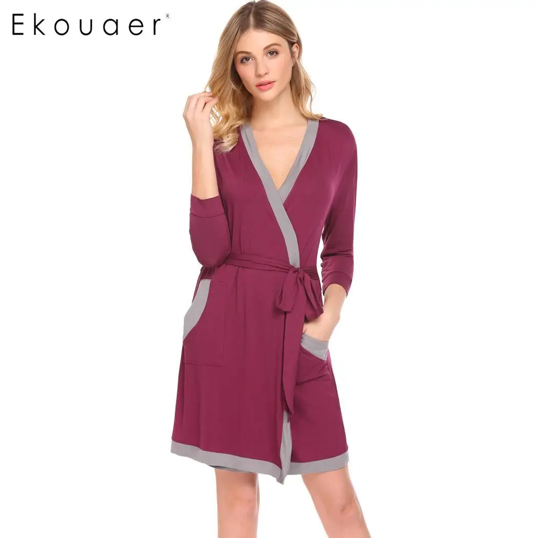 Ekouaer mujer bata ropa de dormir contraste Color V cuello camisón bata ...