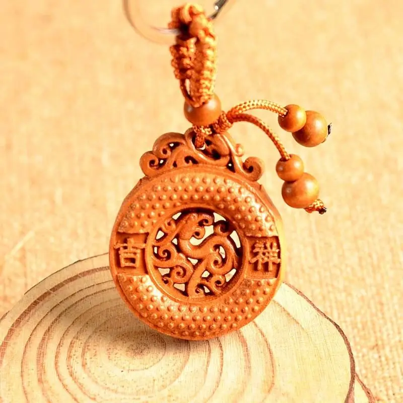 Wood Carving Chinese Feng Shui Geomancy Round Dragon Statue Key Chain ...