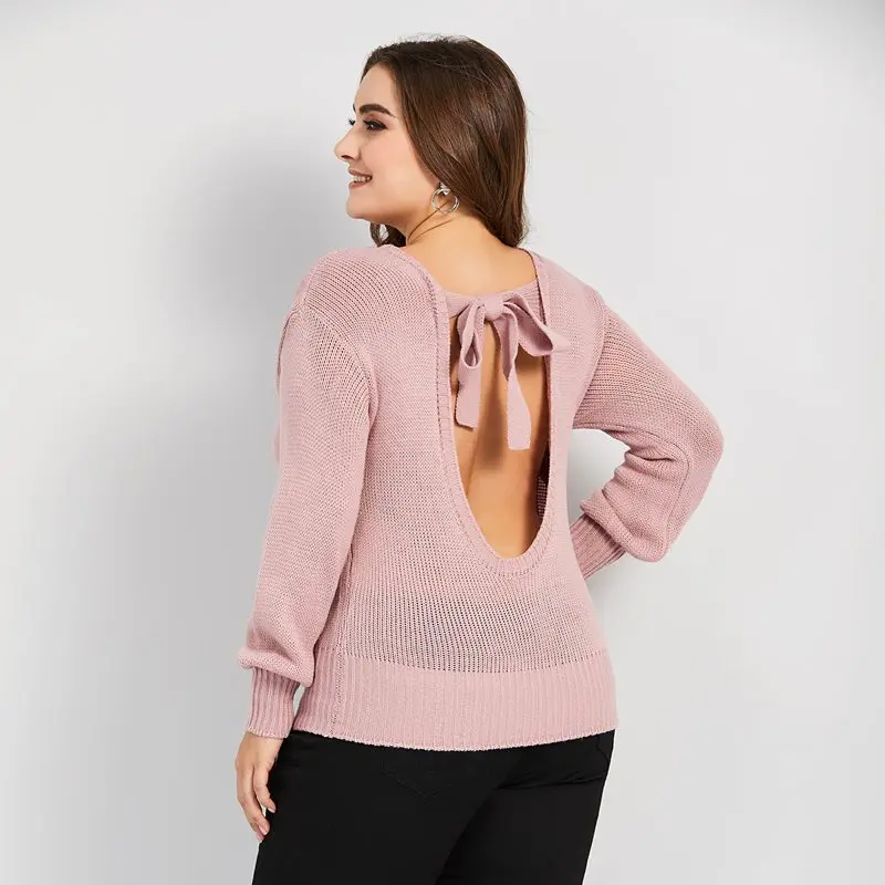 Women Sweaters Pink Sweet Sexy Plus Size Loose Pullover Plain Backless ...