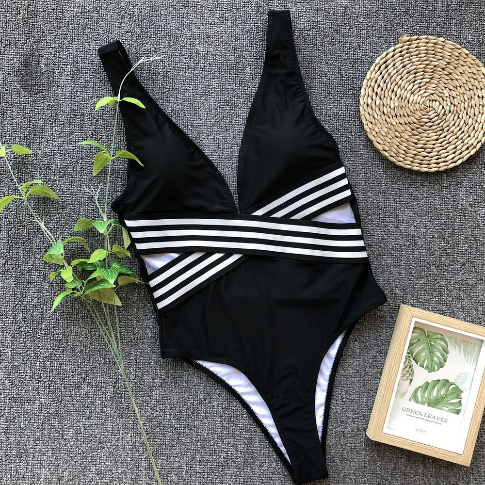 Sexy V Neck Cut Out One Piece Swimsuit Women Swimwear 2019 Cross
