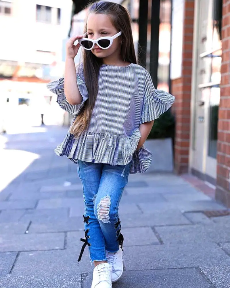 2PCS Toddler Kids Baby Girl Clothing Set Striped Blue Half Sleeves T ...