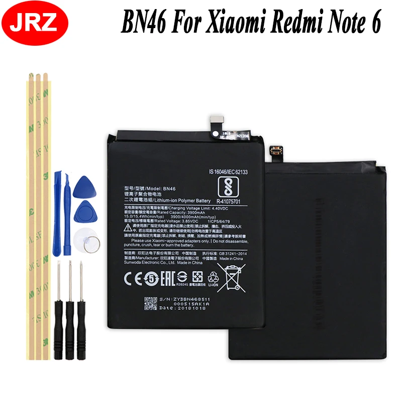 JRZ For Xiaomi Redmi Note 6 Phone Battery For Xiaomi BN46 3900/4000mAh ...