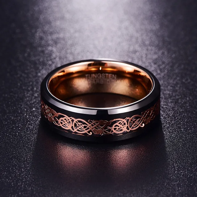 Black & Rose Gold Celtic Inlay Custom Tungsten Ring
