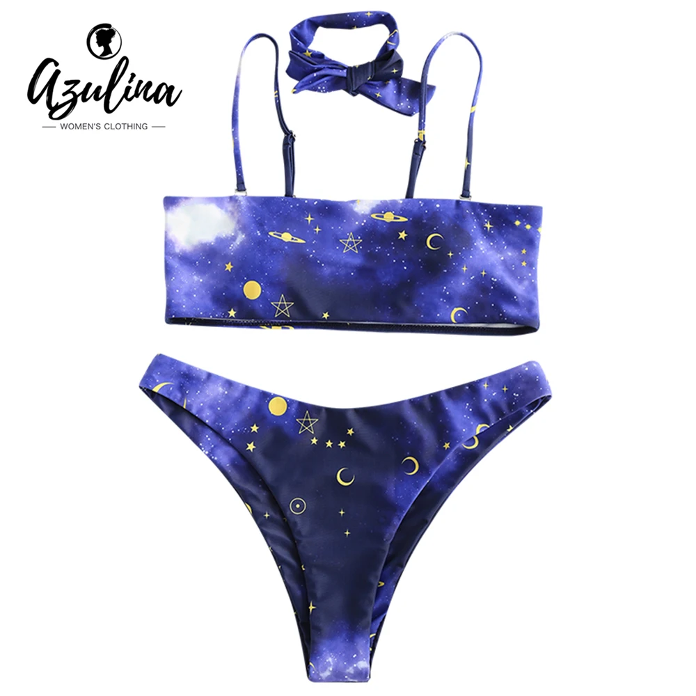 Azulina Starry Print Bandeau Bikini 2019 High Leg Bikini With Choker Spaghetti Strap Swimwear