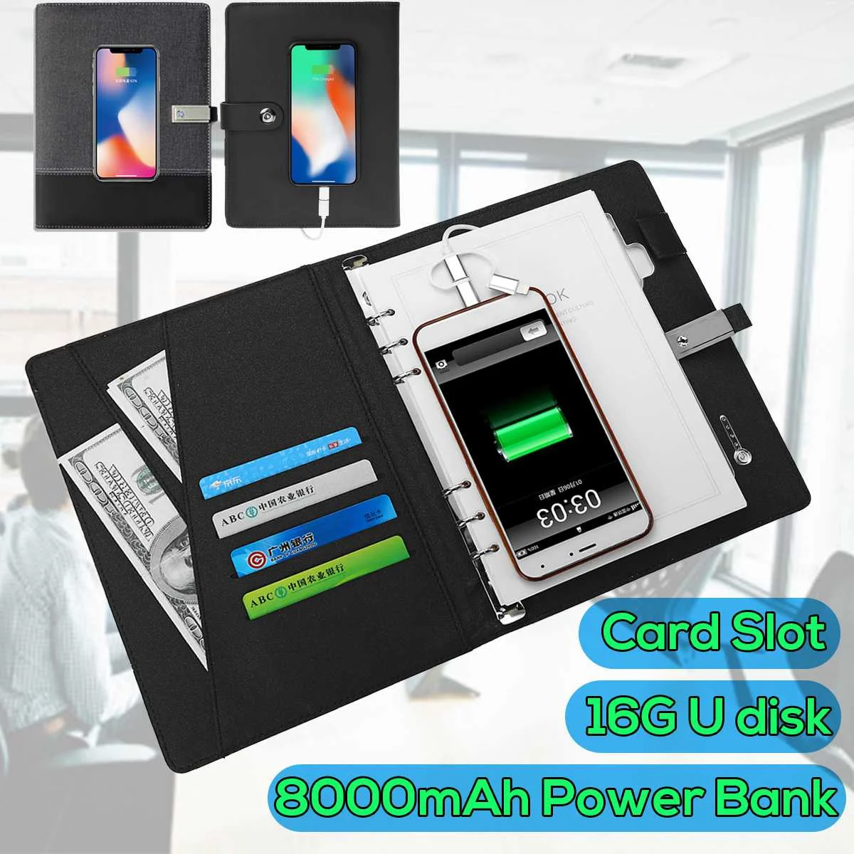 Power Bank Notebook Multi Functional 8000mAh Power Bank Qi Wireless ...