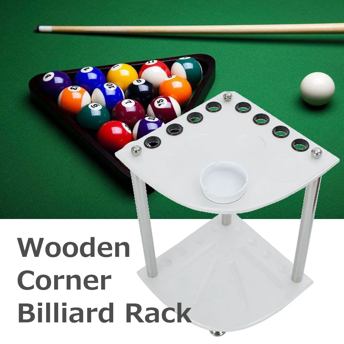8 Holes Wooden Corner Cue Rack Pool Snooker Stand Table Balls Drink ...