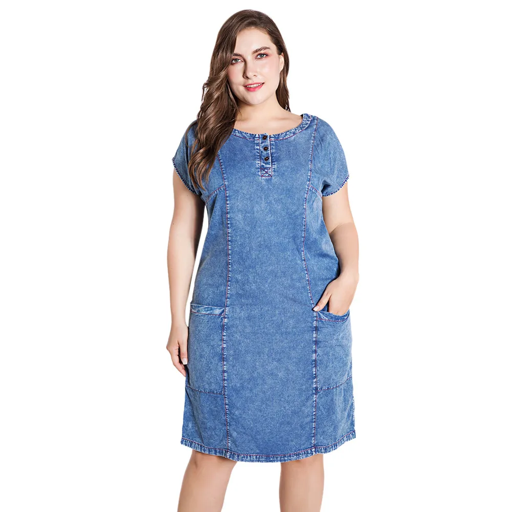 Wipalo Round Collar Short Sleeve Pocket Plus Size Women Denim Dress