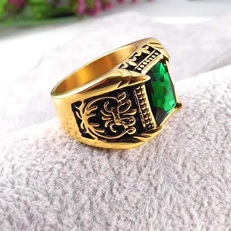 Brand Jewelry Vintage Antique Gold Color Crystal Ring For Men Stainless ...