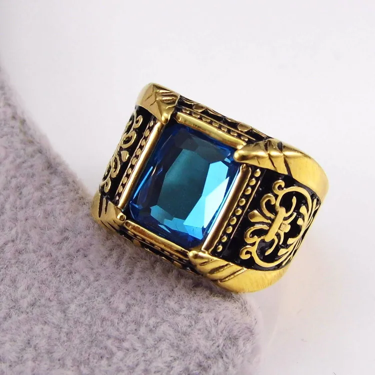 Brand Jewelry Vintage Antique Gold Color Crystal Ring For Men Stainless ...