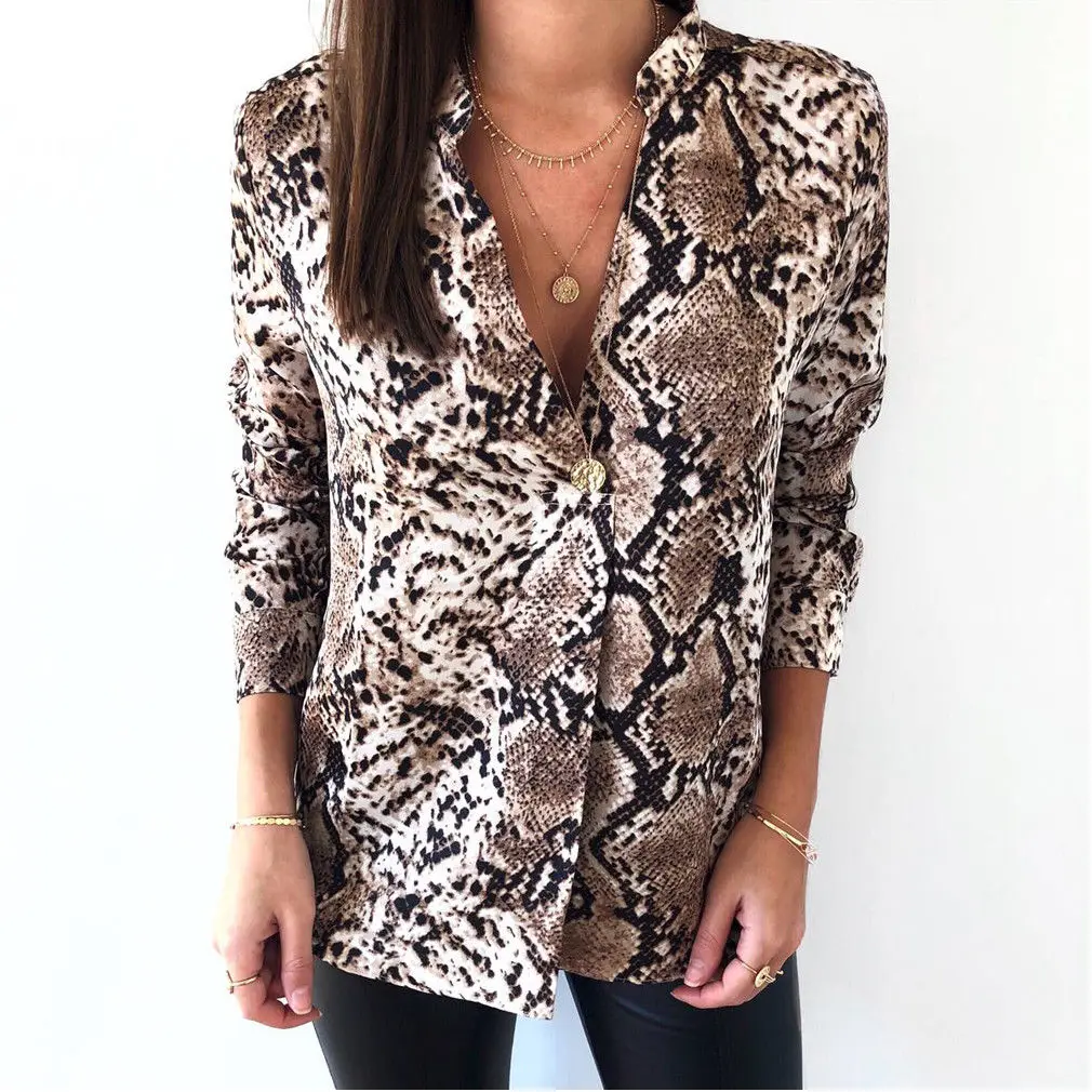 hirigin Fashion Women Snakeskin Print Long Sleeve leopard Blouse Summer ...