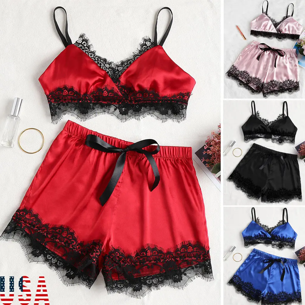 2PCS Set Women Sexy Satin Lace Pajama Sets Sleepwear Babydoll Lingerie V Neck Nightdress Top and ...