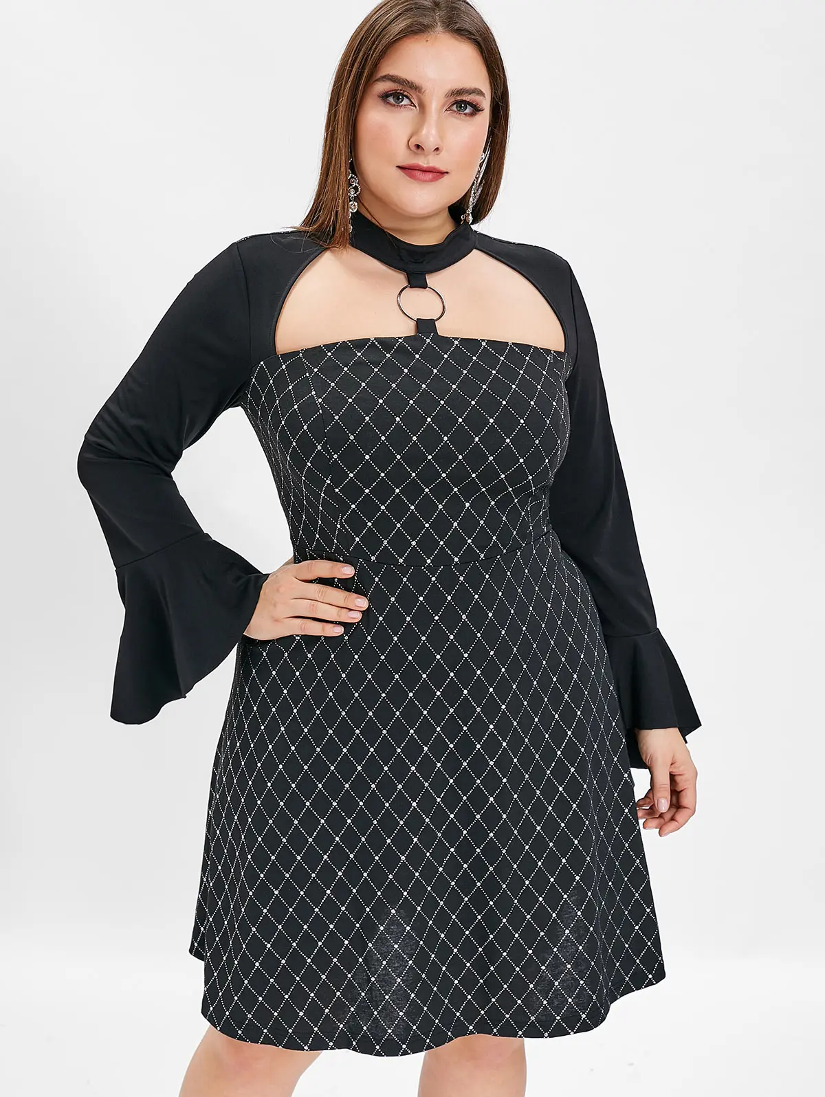 Wipalo Plus Size Flare Sleeve Shining Print A Line Women Dress Cut Out