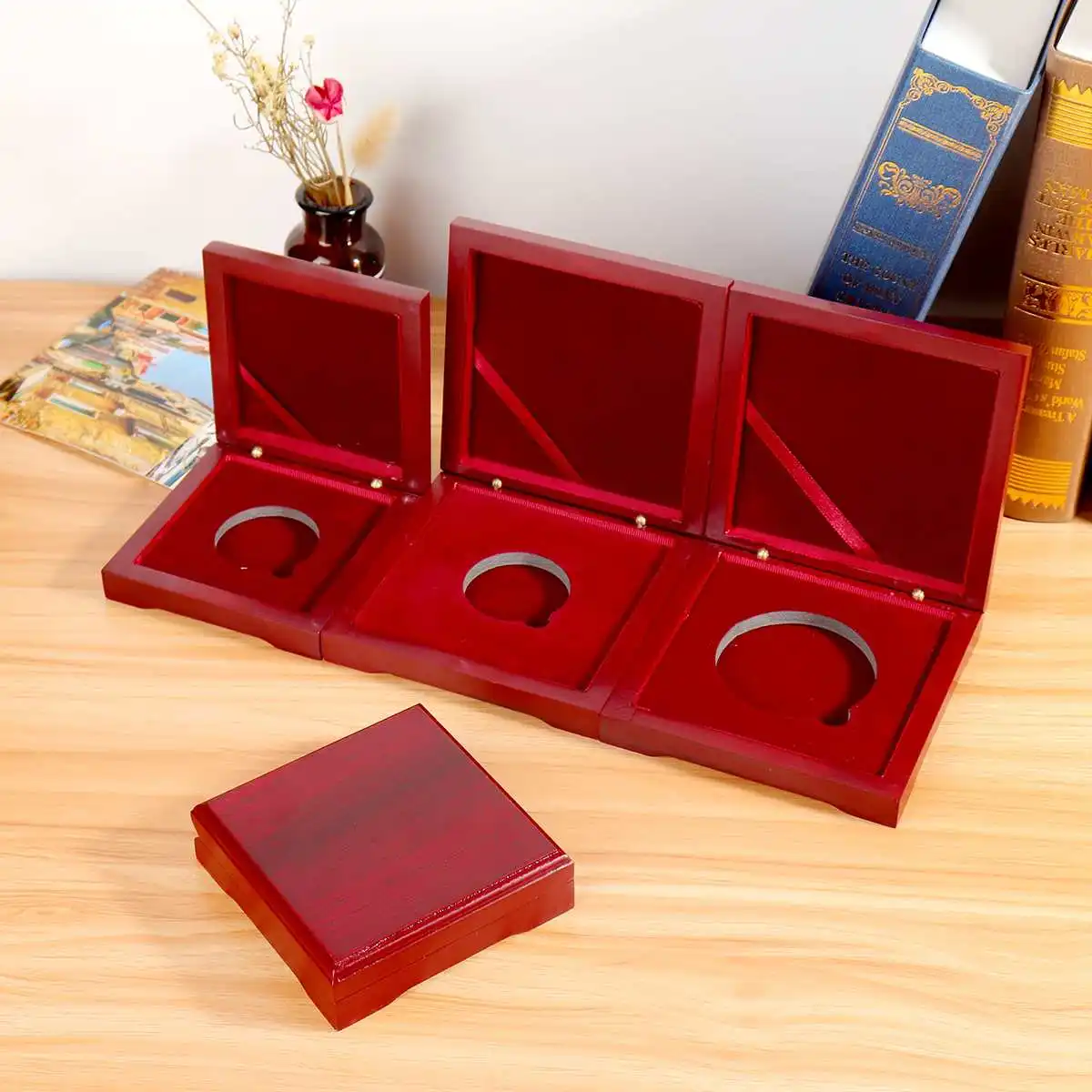 Badge Coin Box 45 55 64 75mm Round Boxed Holder Wood Coins Storage Badge Coin Box 45 55 64 75mm Round Boxed Holder Wood Coins Storage