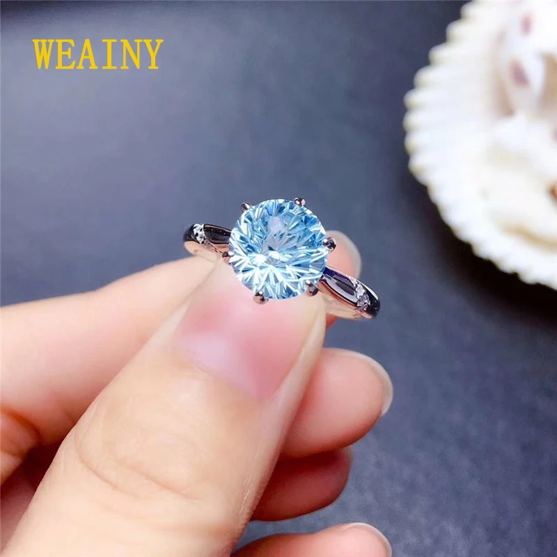 Weainy Unique Fireworks Cut Genuine Natural Sky Blue Topaz Ring 925 ...