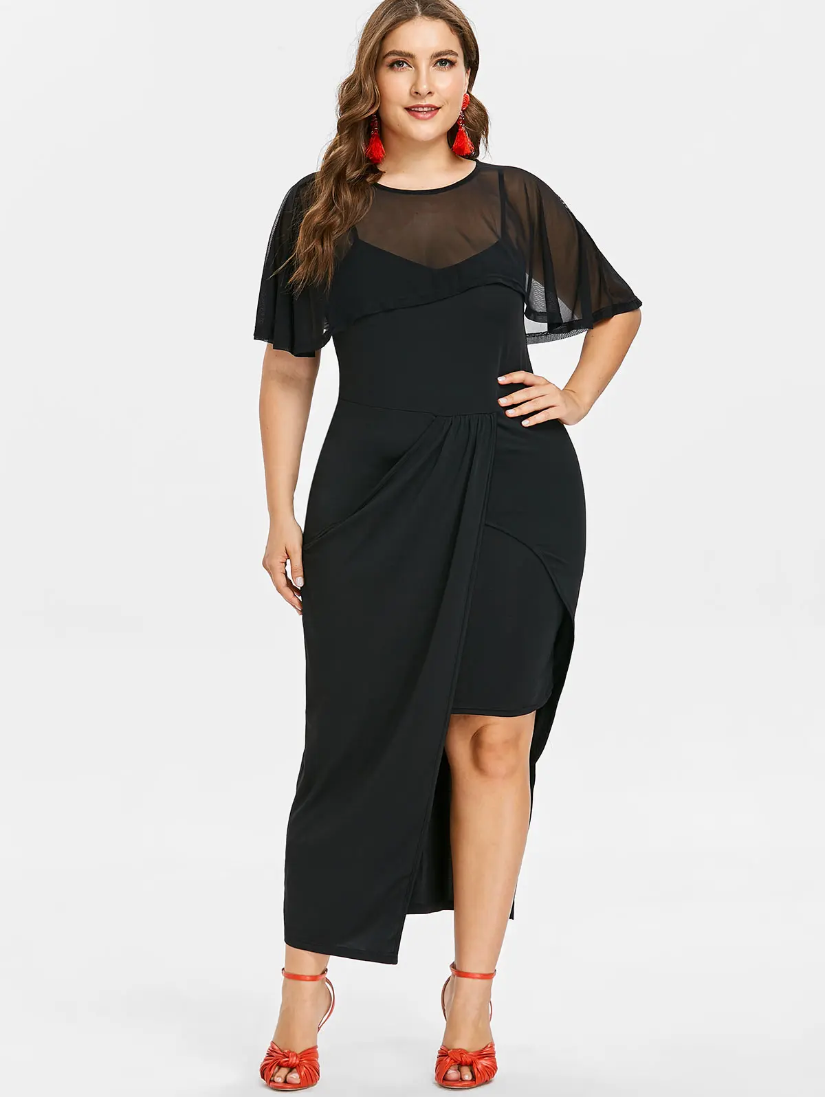 Wipalo Plus Size Flutter Sleeve Mesh Overlay Dress Female Autumn O Neck