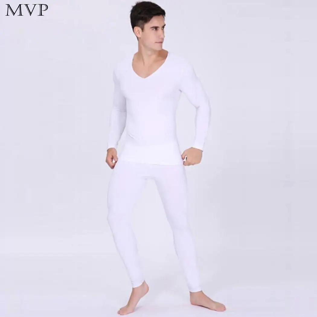 Men Fashion V Neck Long Sleeve Solid Color Thermal Casual Underwear Slim Winter Set Full Length