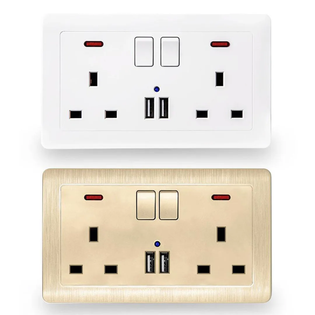 13A Double Wall UK Plug Socket 2 Gang Multifunctional Socket With USB