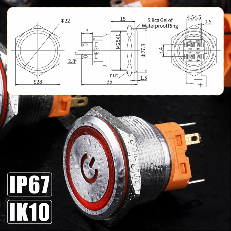 25mm SPST 12volt led lighted DPDT mini push button switch for garbage ...
